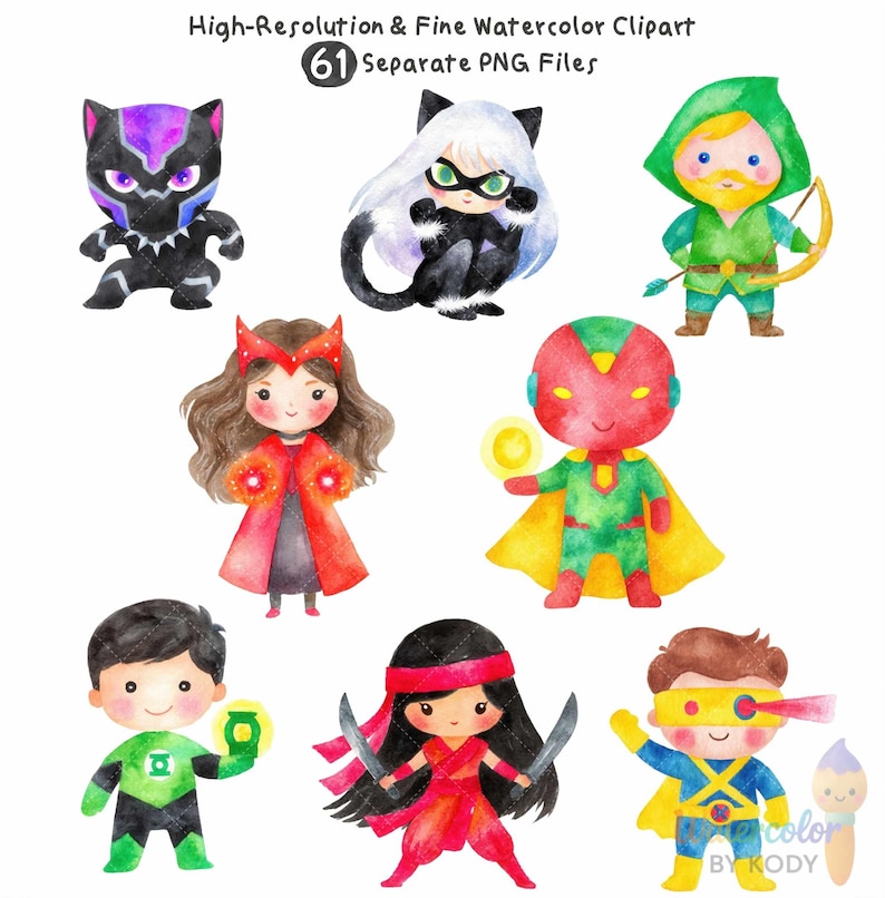 Superhero Kids Clipart Bundle, Superheroes PNG, Watercolor Hero, Galaxy ...