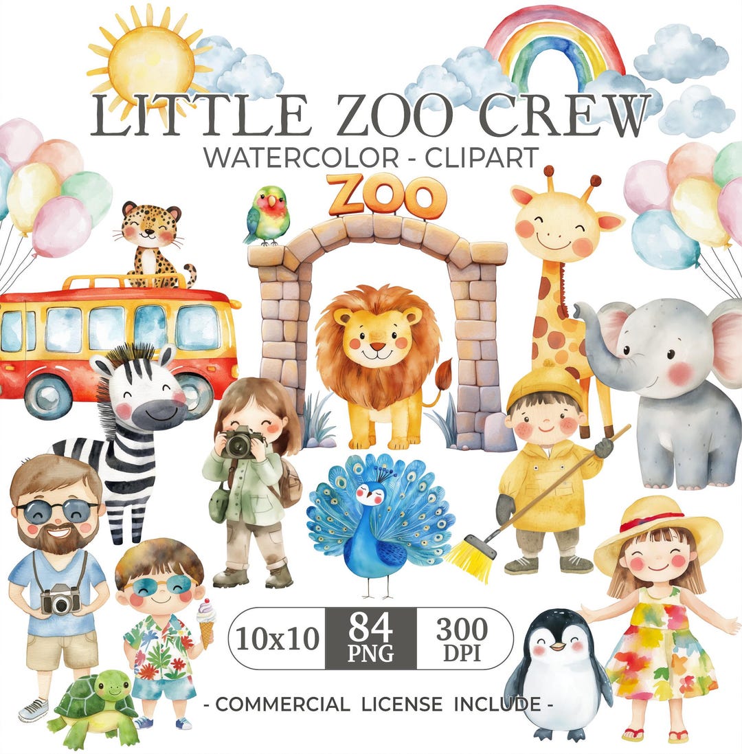 Cute Zoo Clipart - Watercolor Safari Animals - Family Clipart - Wild ...