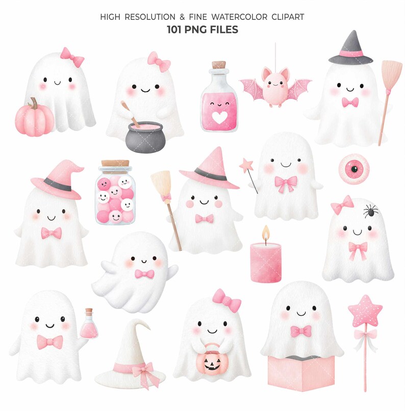 Cute Ghosts Clipart Halloween Party Whimsical Coquette Watercolor Girly ...