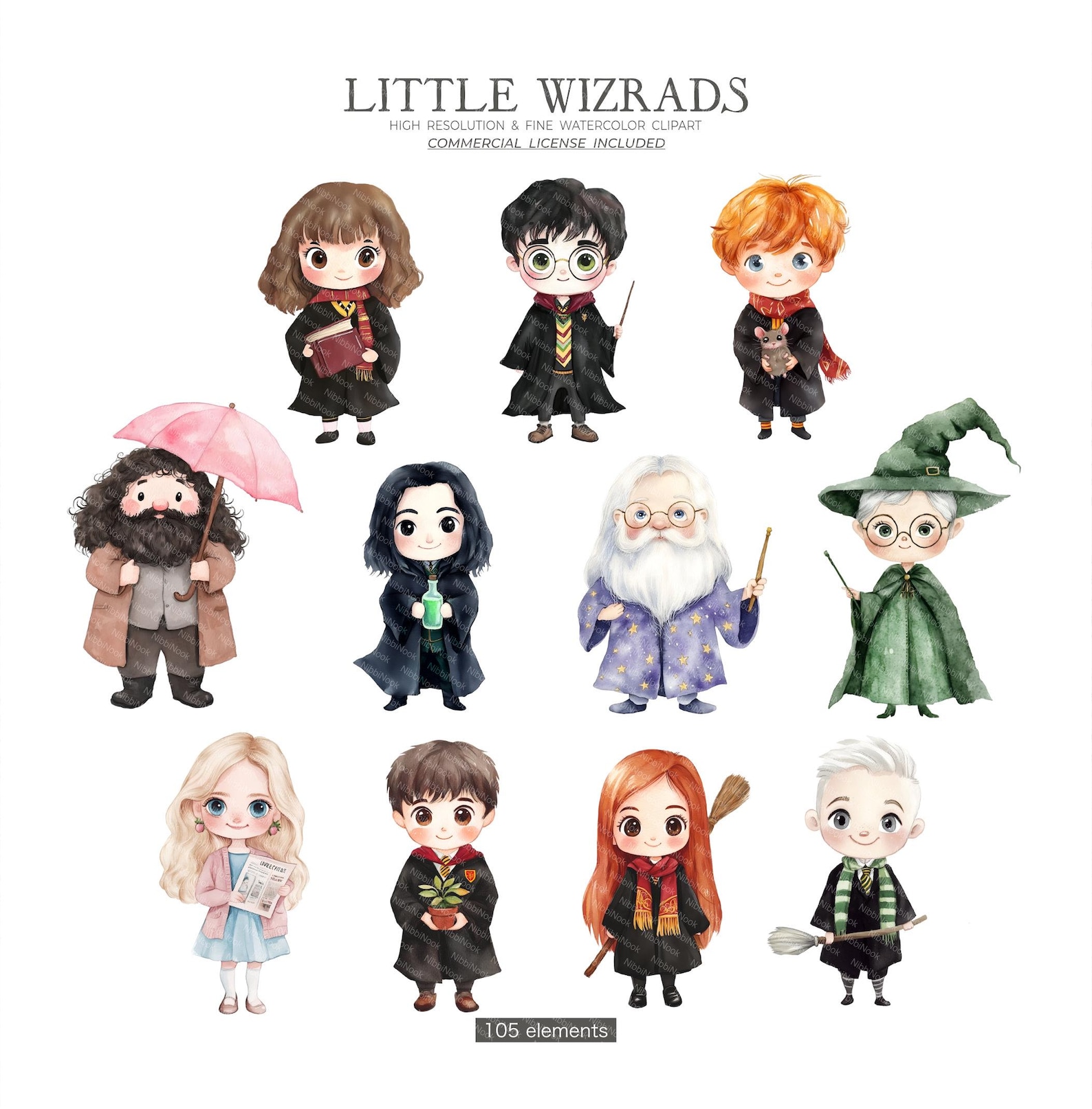 Cute Wizard School Clipart - Watercolor Clipart - Sweet Witch Clipart ...