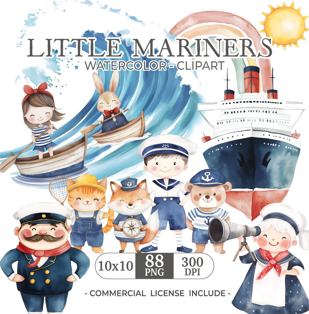 Cute Nautical Clipart Animals Sailors Navy Boats Lighthouse Coastal ...