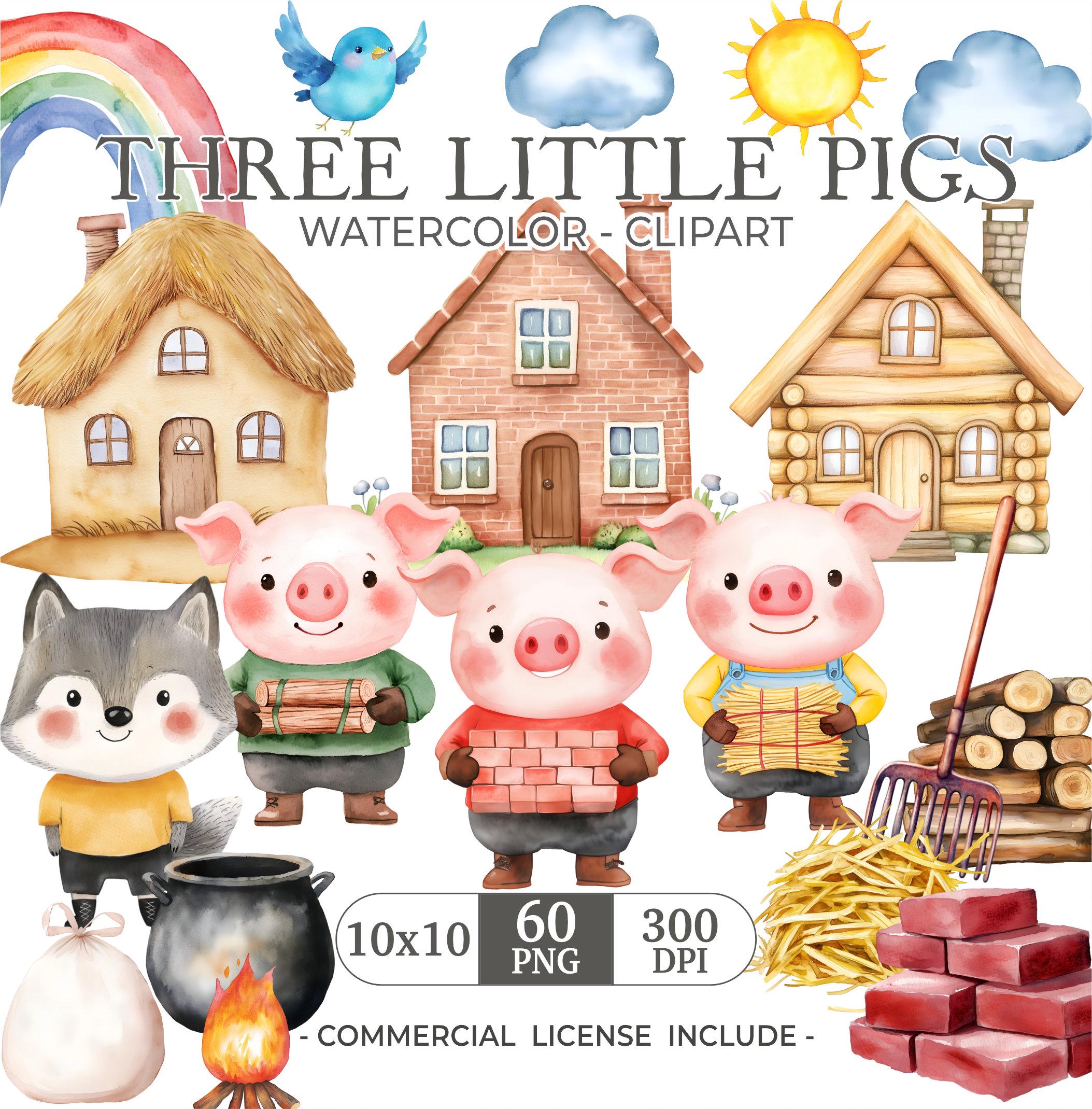 Three Little Pigs Clipart Watercolor Clipart, 3 Little Pigs, Nursery ...