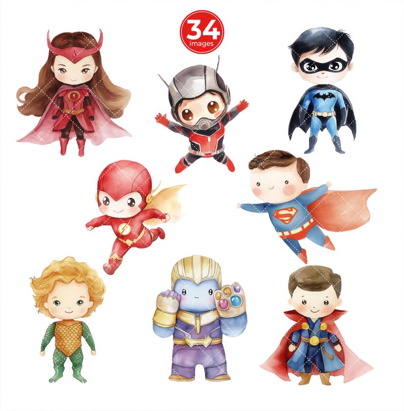 Superhero Clipart Bundle, 34 PNG Files, Cute Superhero Chibi Characters ...