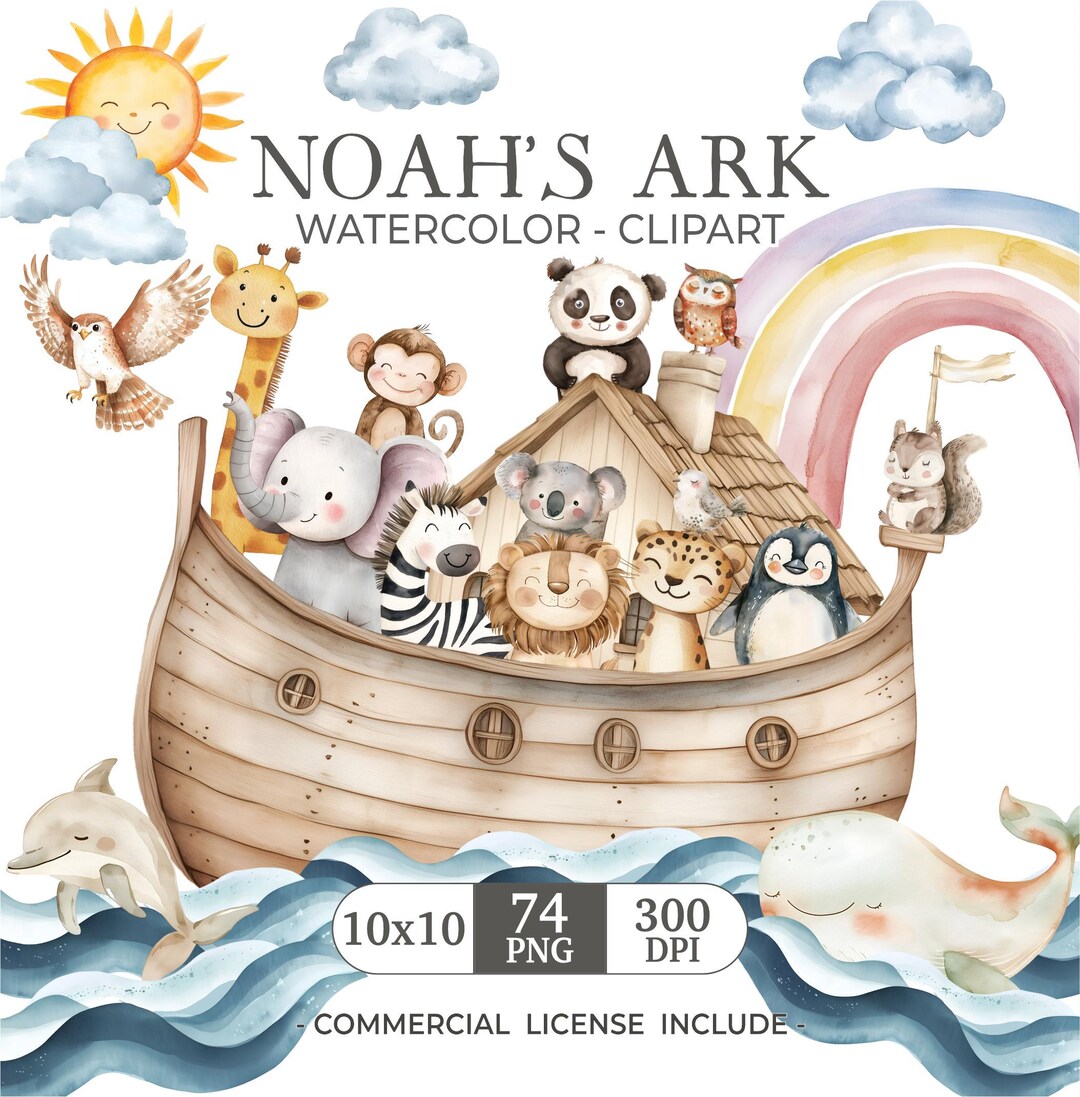 Cute Noah's Ark Watercolor Clip Art, Nursery Decor, Neutral Clip Art ...