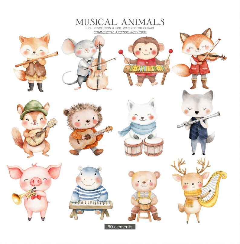 Cute Musical Animals Clipart, Woodland Animals, Musical Safari, Band ...