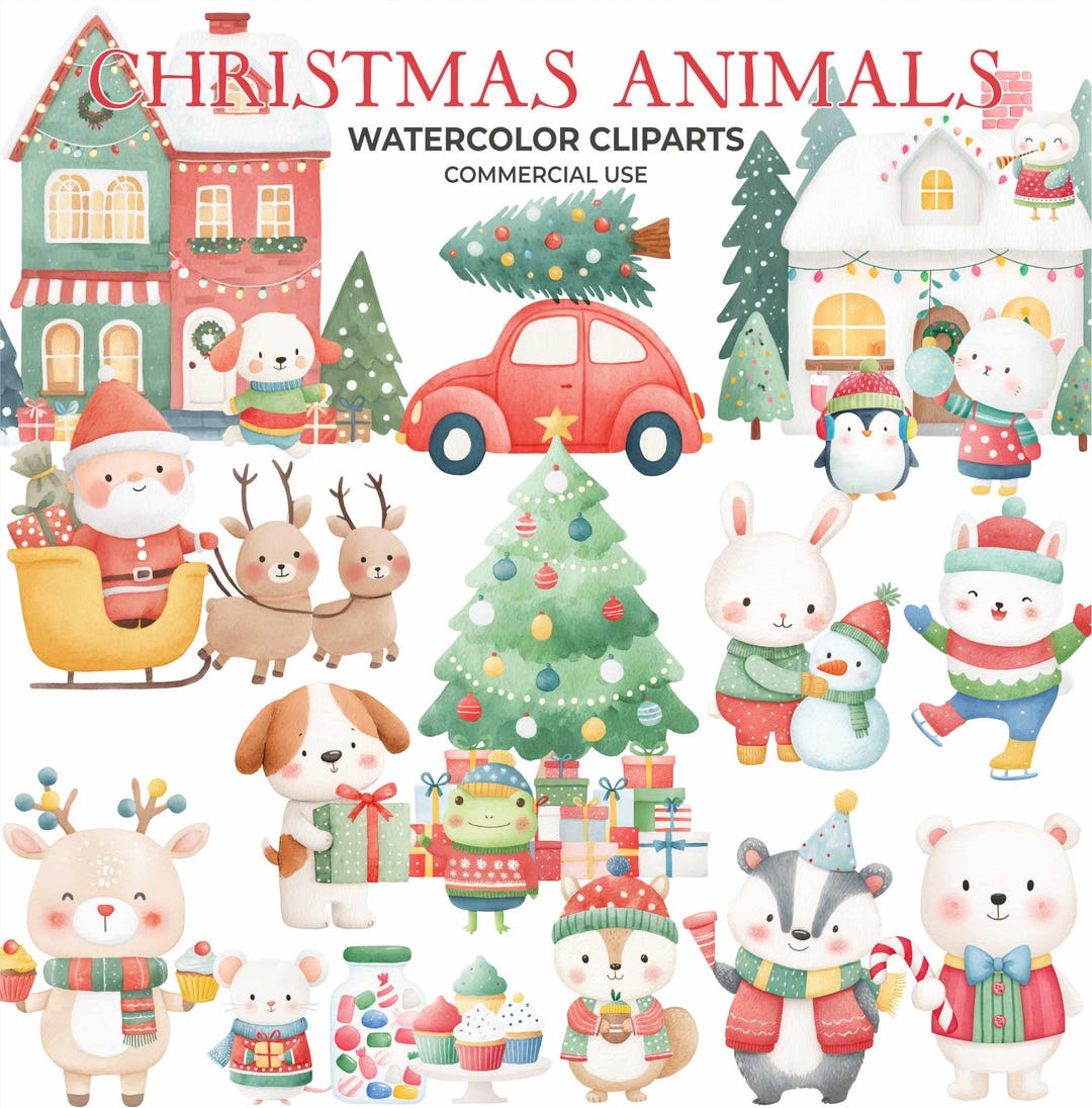 Christmas Animals Watercolor Clipart Bundle - 110 PNG Festive Animal ...