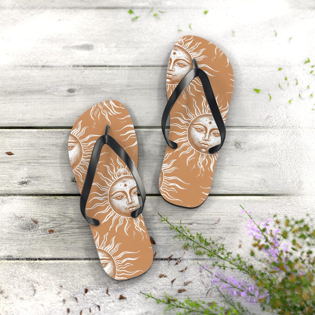 Sun Graphic Flip Flops, Boho Beach Sandals, Summer Footwear, Vacation ...