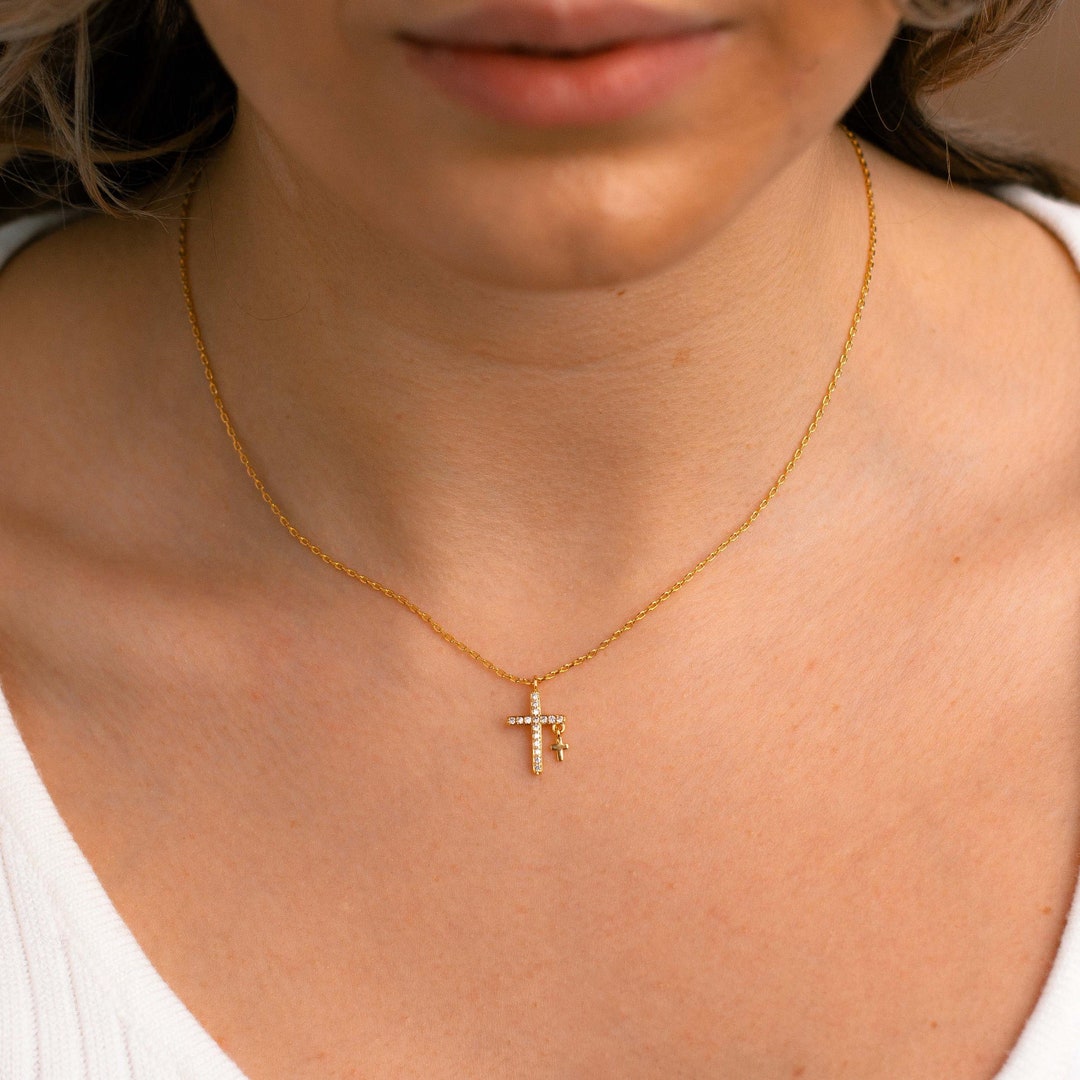 Double Cross Necklace, Dainty Diamond Cross Necklace, Cross Pendant ...