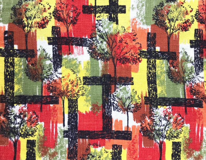 Vintage 60s Barkcloth Fabric Tree Design Mid Century 50s - Etsy