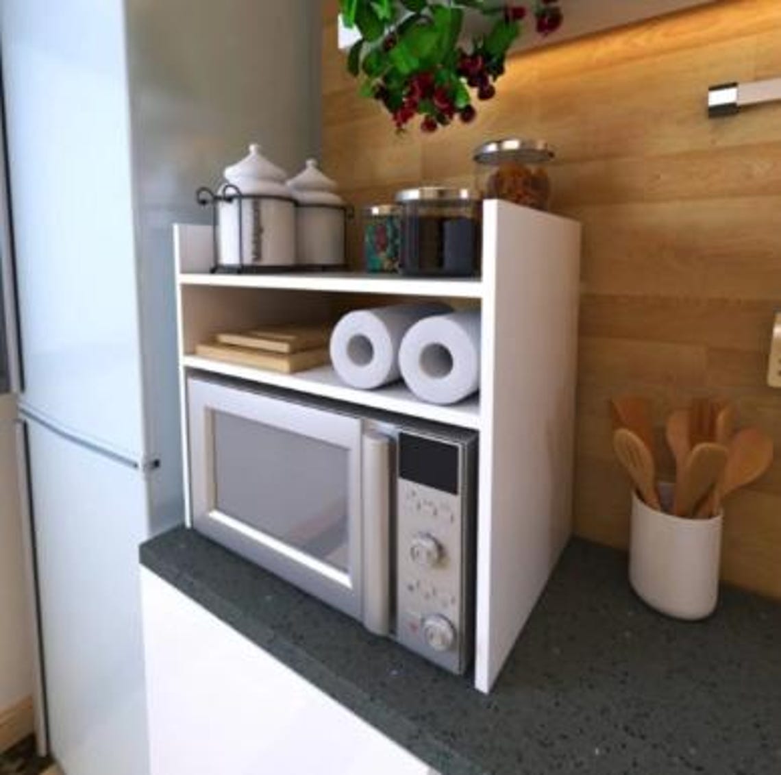 Countertop MDF Oven Microwave Kitchen Shelf Kitchen Cabinet White MDF ...