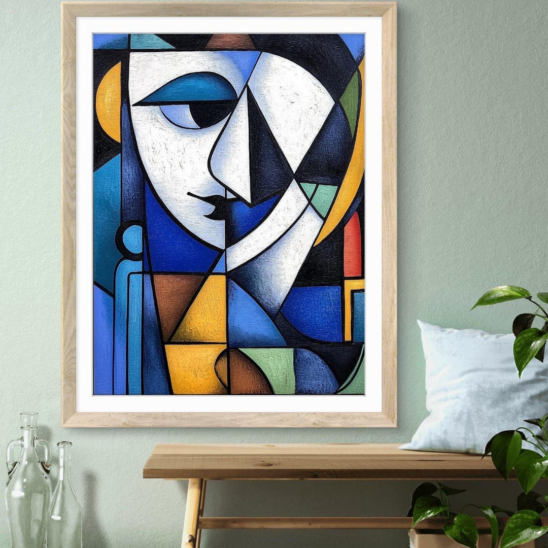 Picasso Style Cubist Face Art Print, Blue Geometric Portrait (digital ...