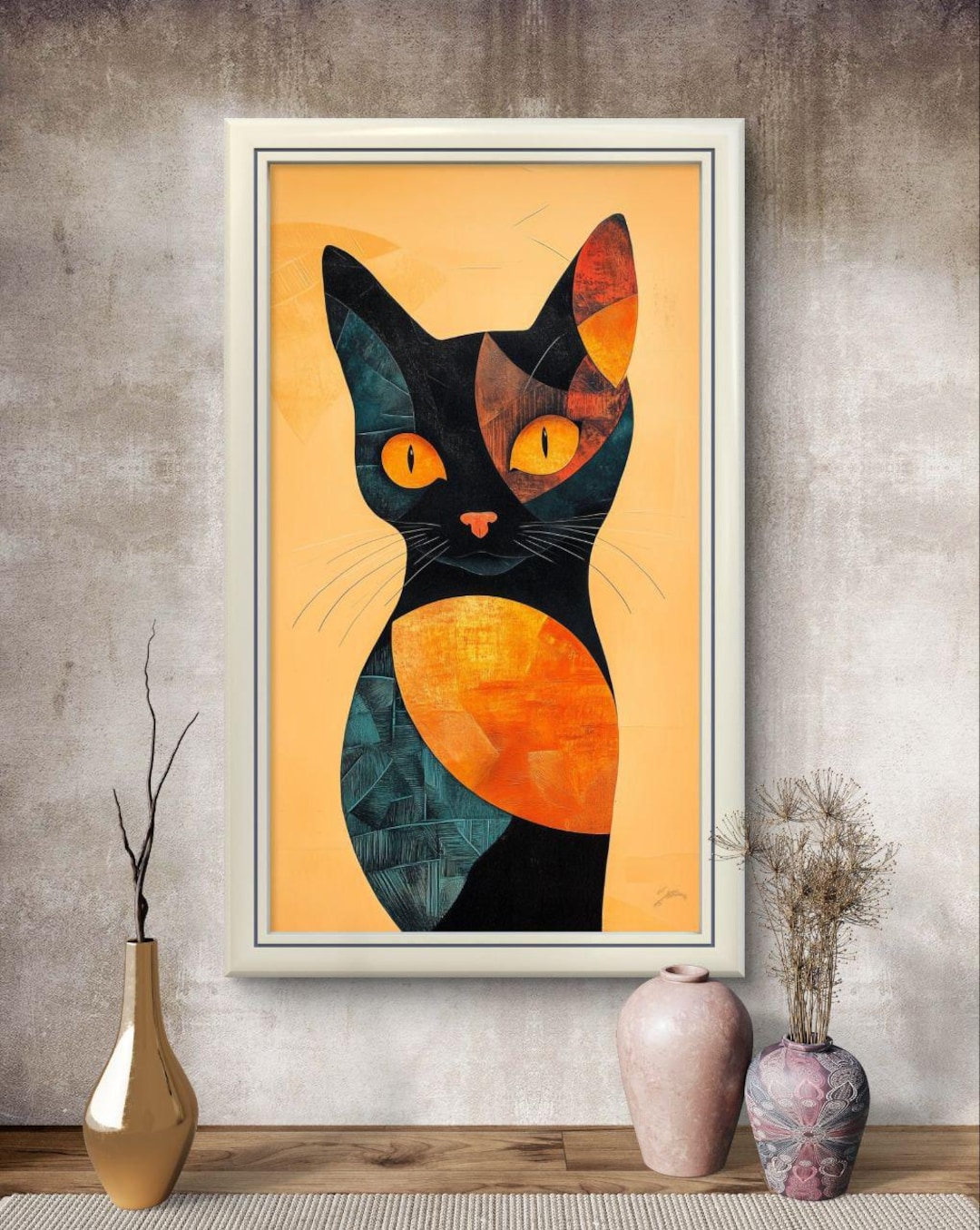 Picasso Style Cat, Abstract Art Print in Warm Tones, Whimsical Wall Art ...