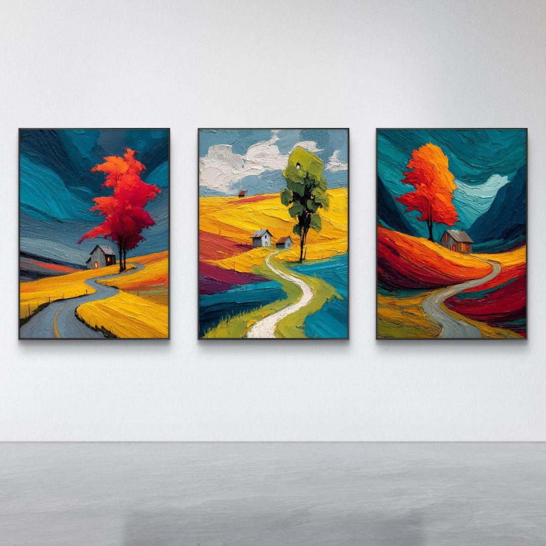Colorful Trees Triptych Art Print, Impasto Style (digital Download) - Etsy