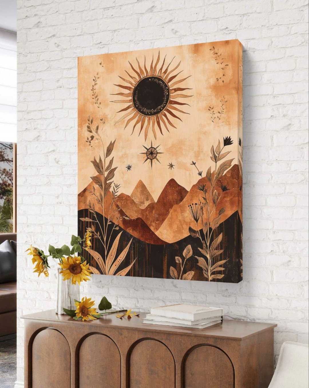 Zodiac Boho Wall Art With Sun and Moon – Mystical Mountain Landscape in ...