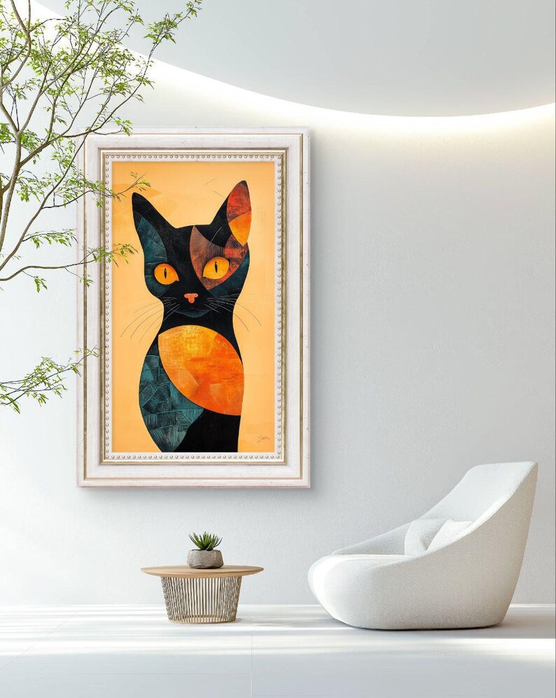 Picasso Style Cat, Abstract Art Print in Warm Tones, Whimsical Wall Art ...