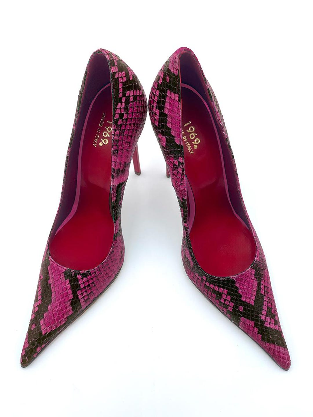 Extreme Pointy High Heels Pumps Pink Python Stamp Leather 1969 Made in ...