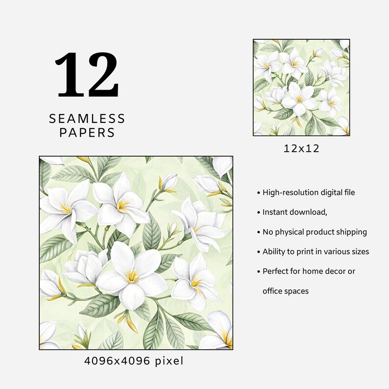 Gardenia Flowers Digital Paper, Floral Pattern Background, Seamless ...