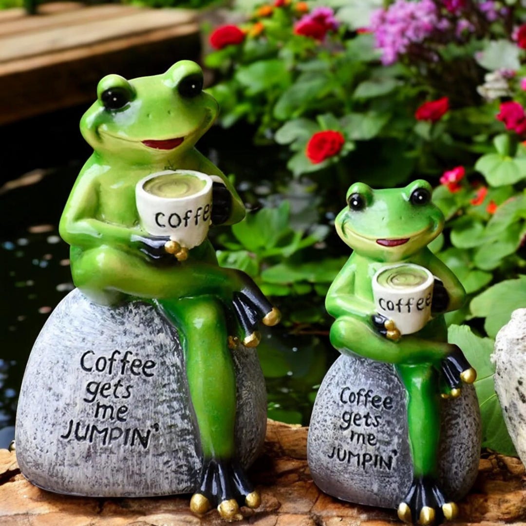 Frog Coffee Statue: Quirky Resin Garden Decor - Etsy
