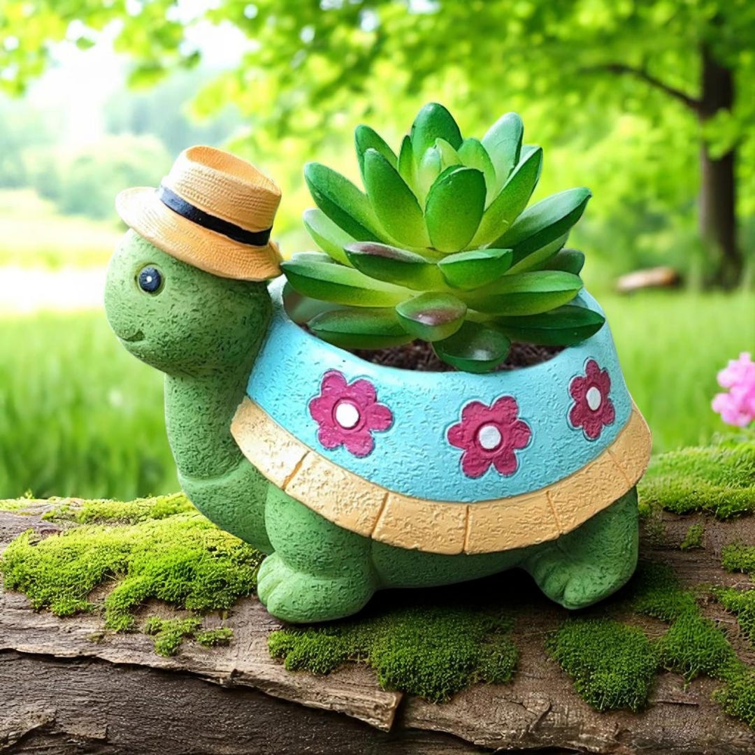 Cute Turtle Flower Pot Figurine – Mini Planter With Hat, Shelf Decor ...
