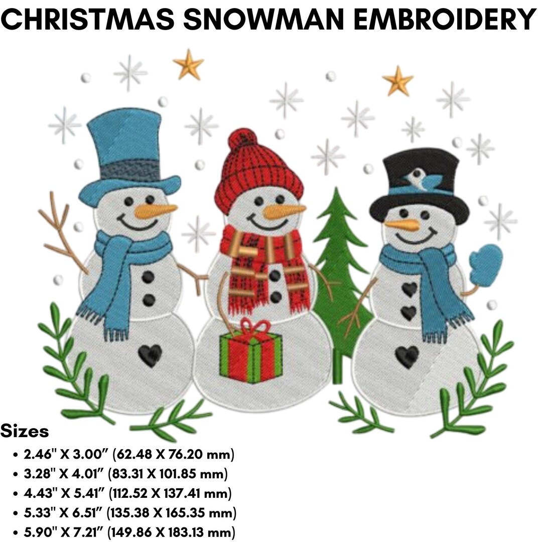 Three Snowmen Embroidery Design, Christmas Snowman Machine Embroidery ...