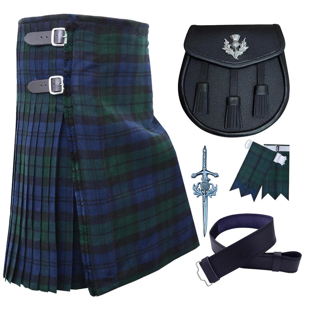 Scottish Highland Kilt Outfit: 8-yard Kilt, Thistle Sporran, Belt ...