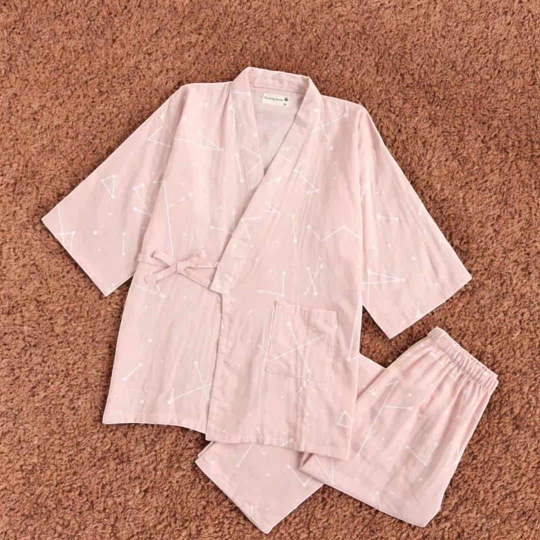 Cute Kimono Robe Style Matching Pyjama Set, Stylish Cotton Gauze Fabric ...