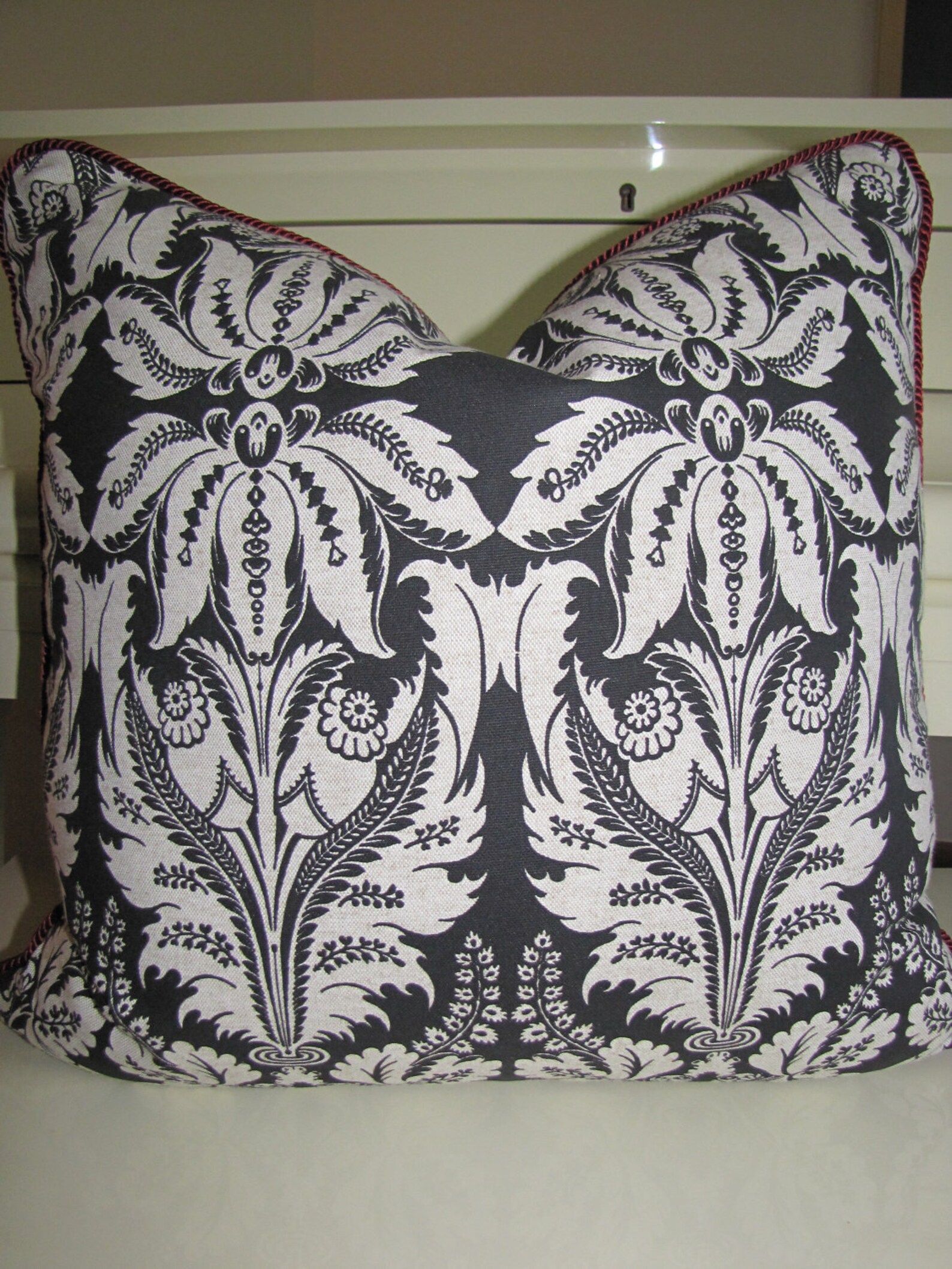 Black and Ivory Floral Desginer Toss Pillow Casing / Corded Toss Pillow ...