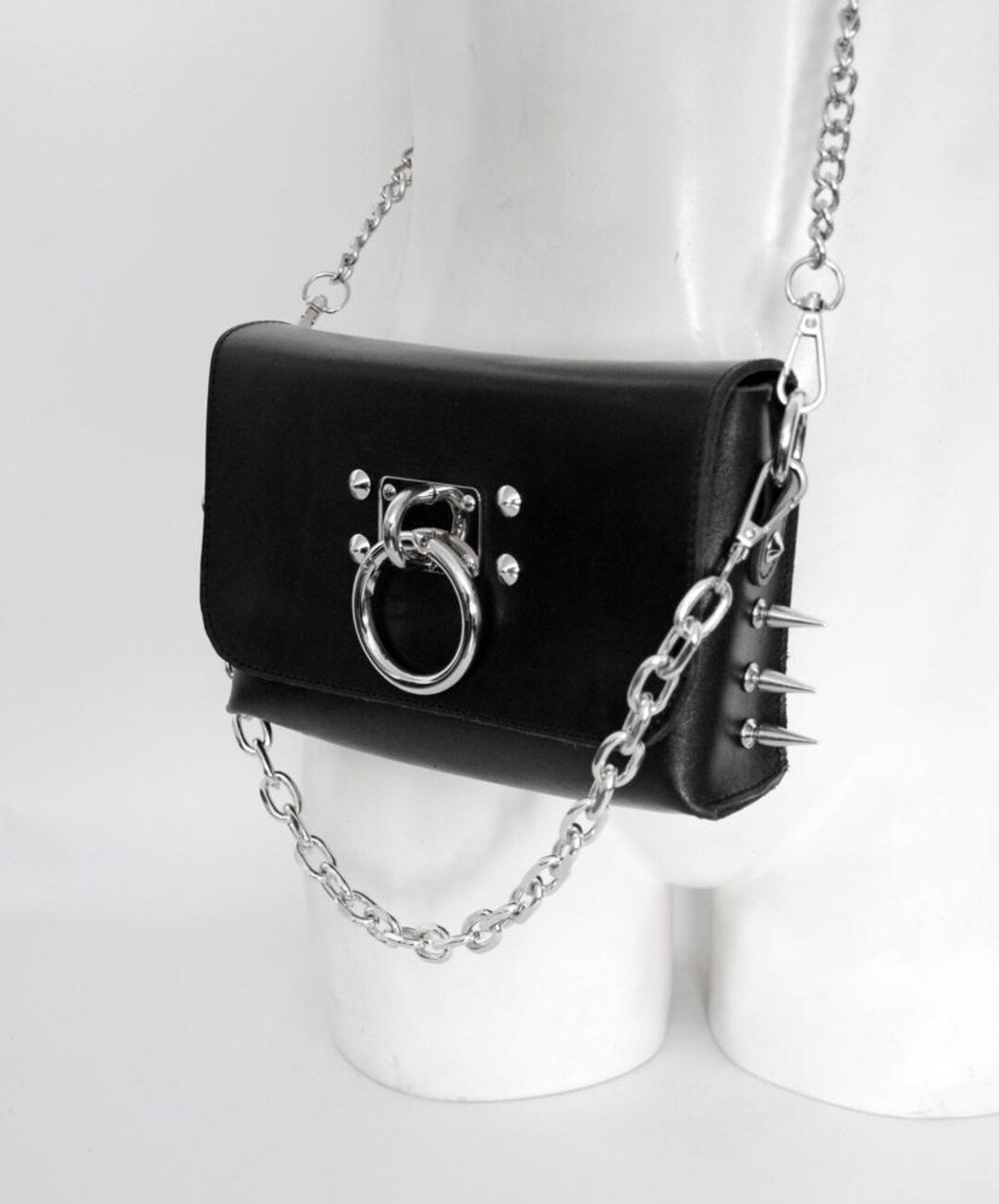 KAJAN SPIKED BAG: Leather Purse With Spikes, Chain Handle and Belt ...