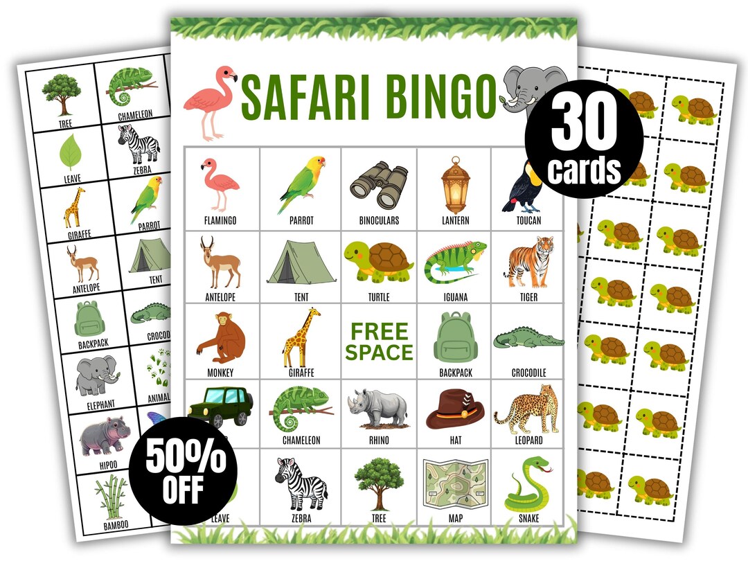 Safari Bingo Game | 30 Printable Safari Bingo Cards | Jungle Birthday ...