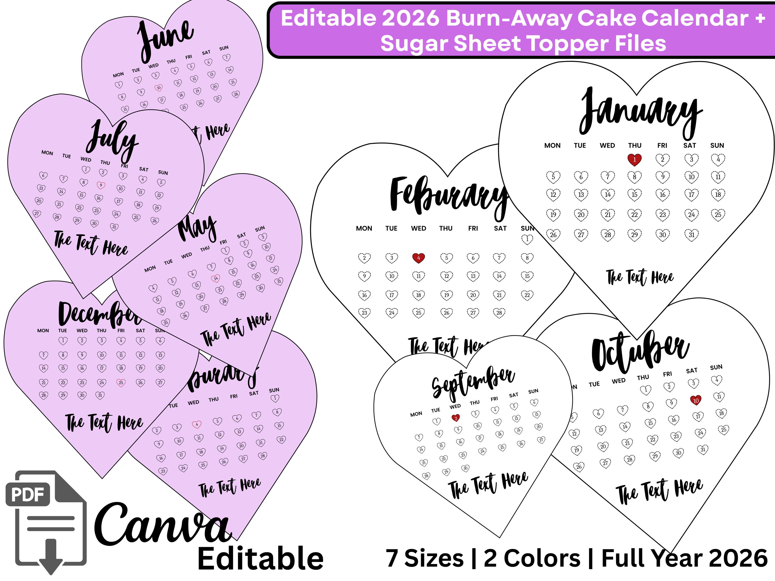 2026 Calendar Heart Cake Toppers Template | Custom Calendar Cake Topper ...