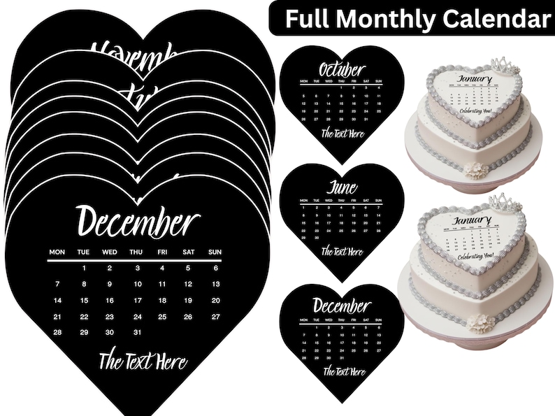 2026 Calendar Heart Cake Toppers Template Black Custom Calendar Cake ...