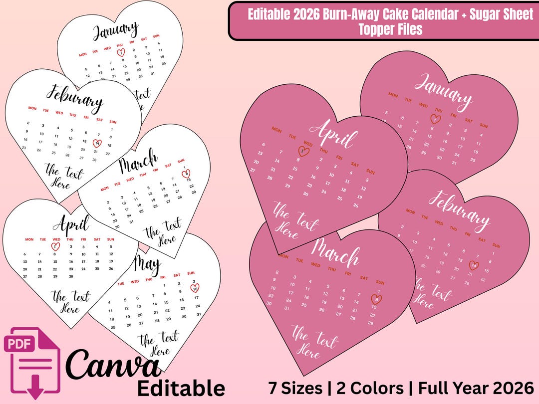 2025 Calendar Heart Cake Toppers Template | Custom Calendar Cake Topper ...