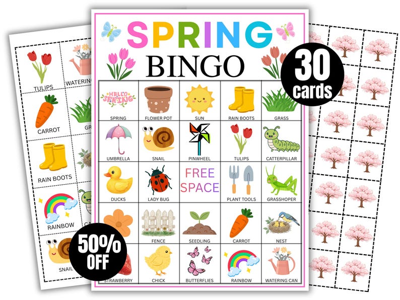 Spring Bingo Game, 30 Printable Spring Bingo Cards, Spring Party ...