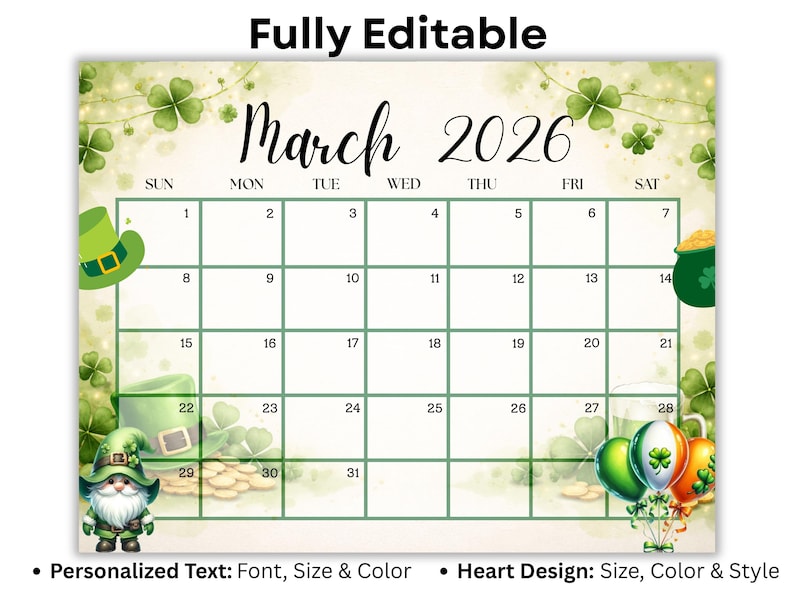 Editable March 2026 Calendar | Printable Rainbow Planner | St. Patrick ...