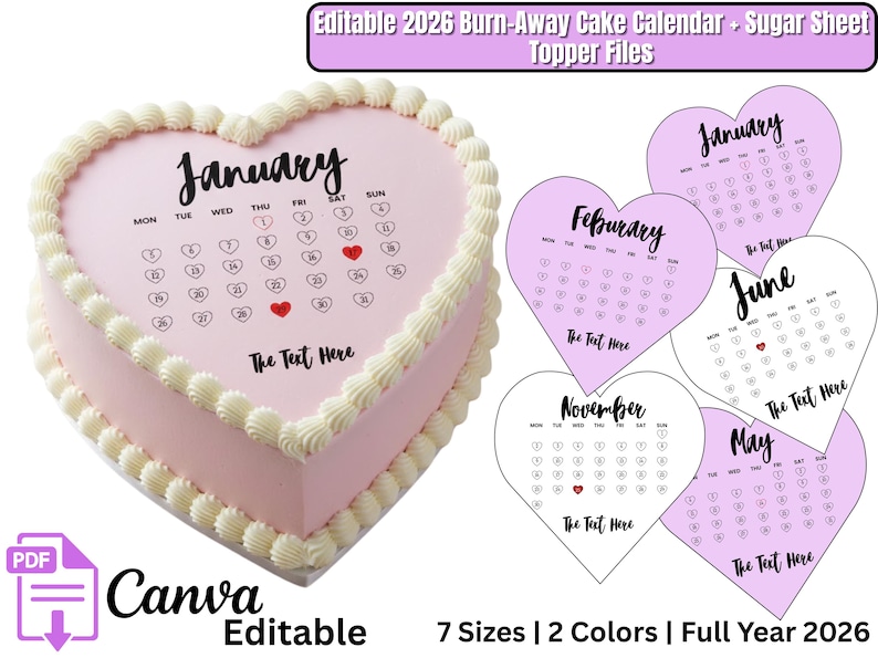 2026 Calendar Heart Cake Toppers Template | Custom Calendar Cake Topper ...