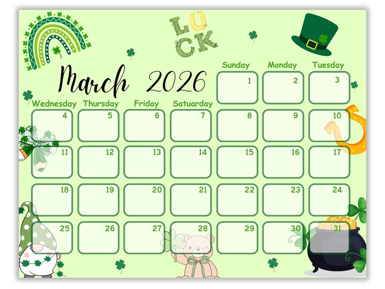 Editable March 2026 Calendar | Printable Rainbow Planner | St. Patrick ...