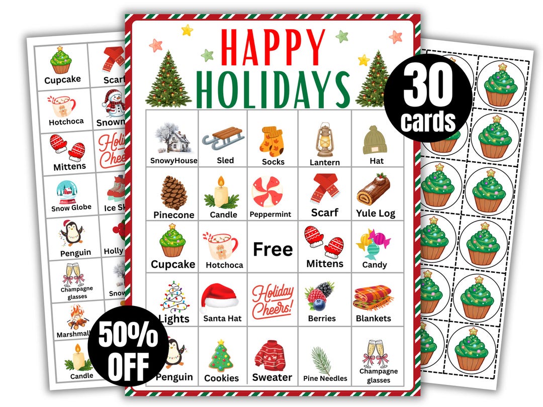 Printable Happy Holidays Bingo Cards | 30 Holiday Bingo Cards | Fun ...