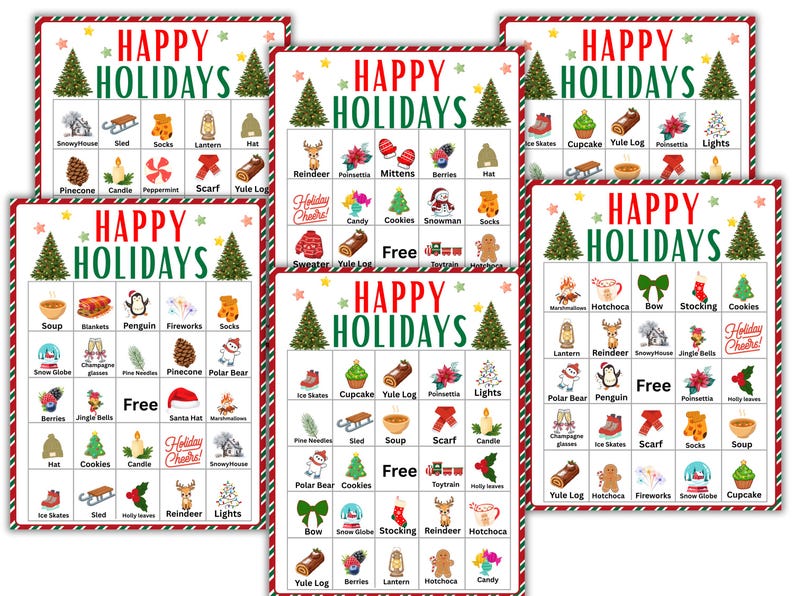 Printable Happy Holidays Bingo Cards | 30 Holiday Bingo Cards | Fun ...