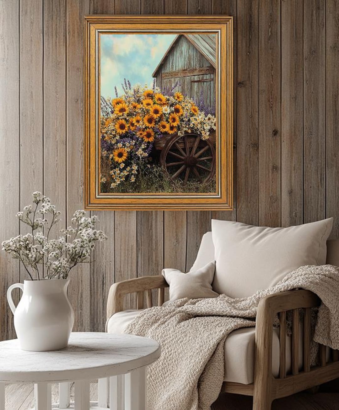 Sunflower Wheelbarrow Barn Art: Rustic Farmhouse Print (digital ...