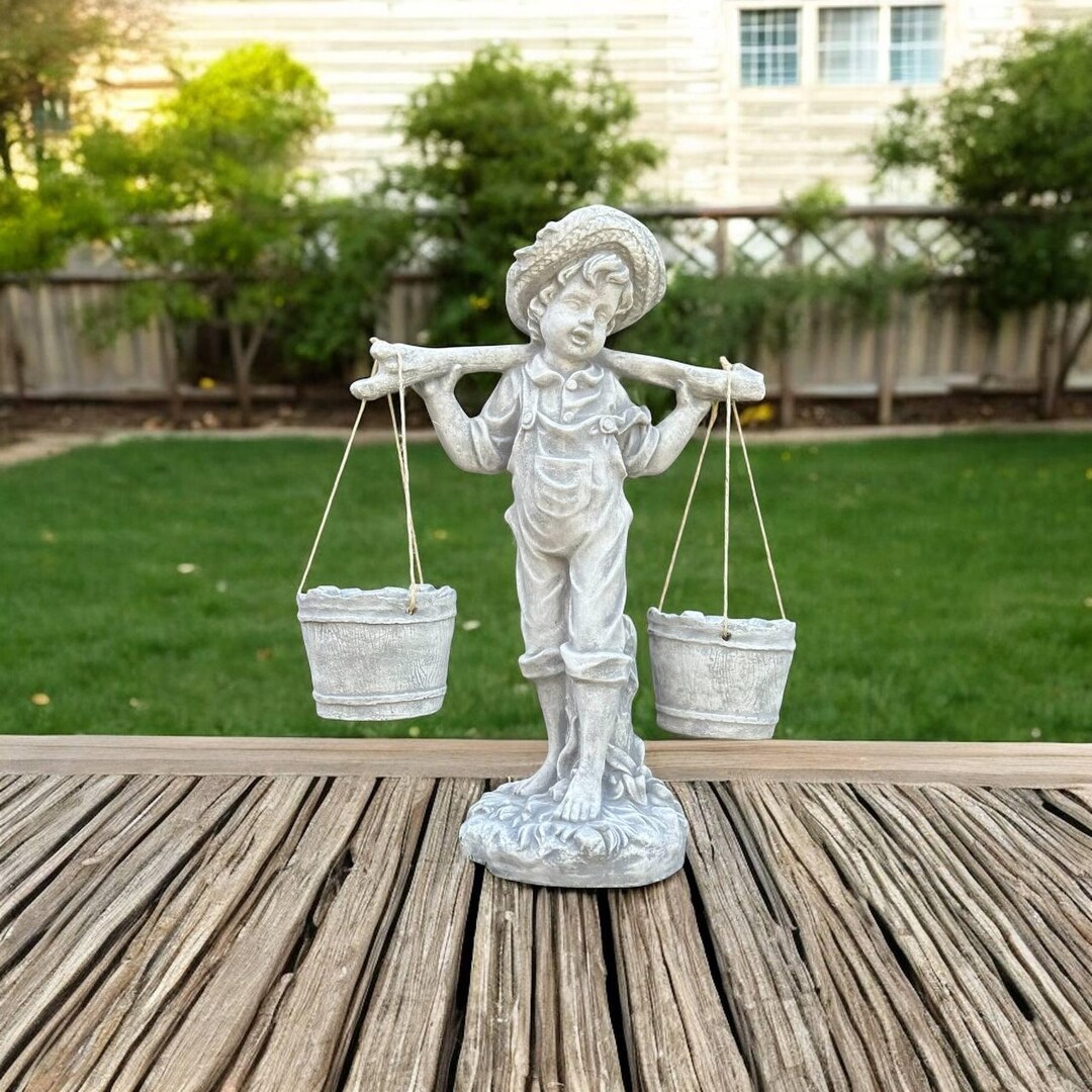 Standing Boy, Kid With Buckets, Stone Statue, Cement Boy, Child ...