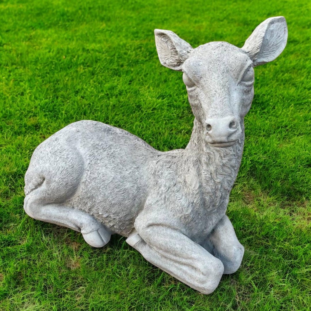 Laying Deer, Fawn Statue, Stone Figure, Detailed Fawn, Outdoor Statuary ...