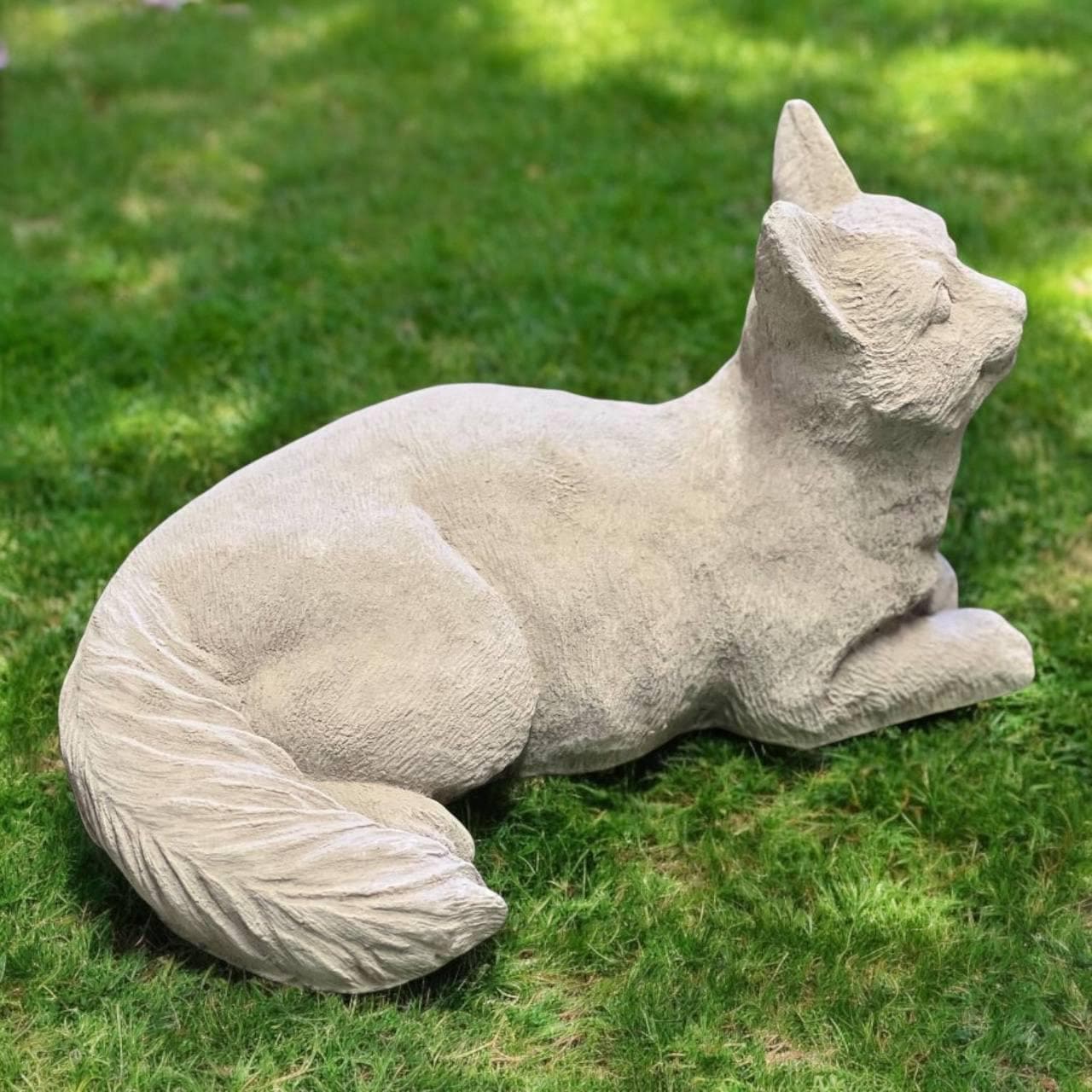 Bushy Tail Cat, Stone Statue, Cement Art, Laying Cat, Outdoor Statuary ...