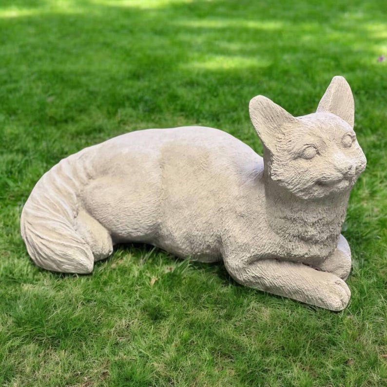 Bushy Tail Cat, Stone Statue, Cement Art, Laying Cat, Outdoor Statuary ...