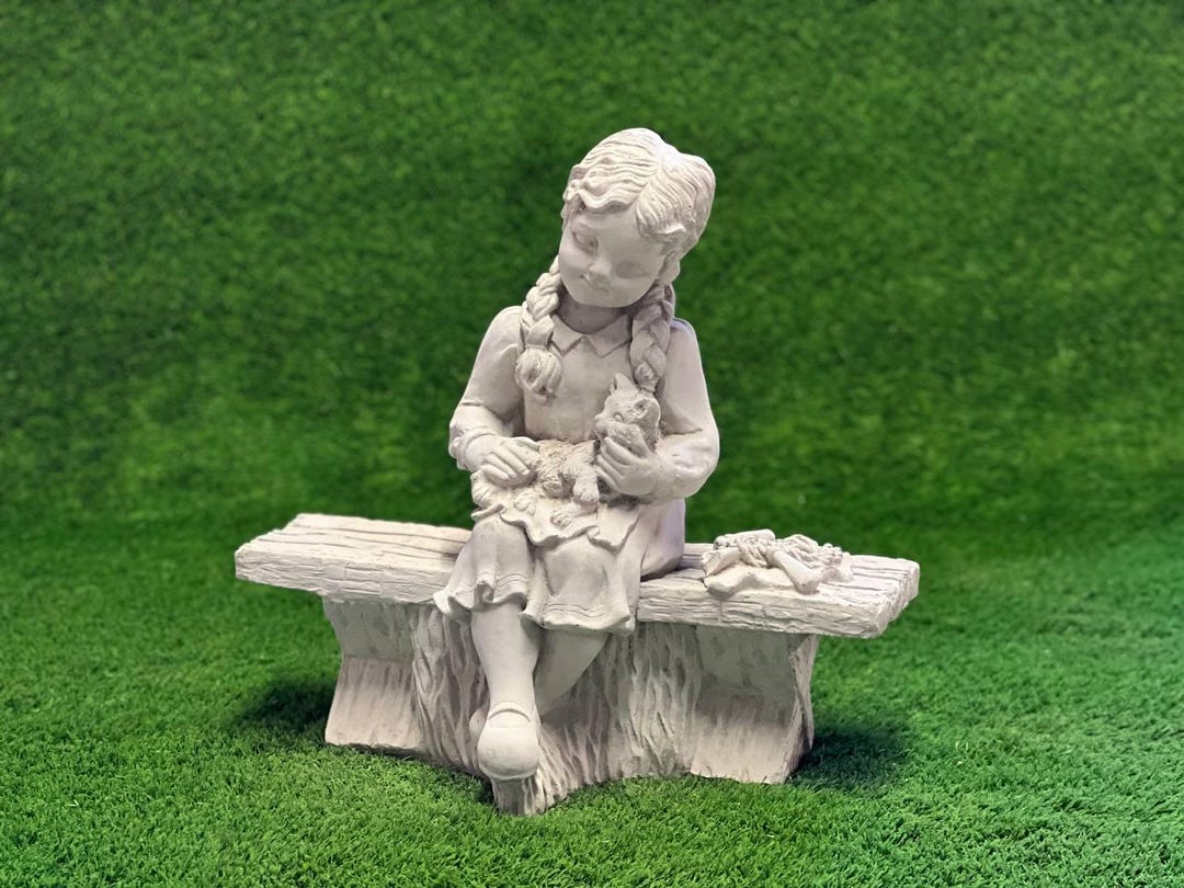 Girl With Cat, Outdoor Sculpture, Sitting Kid, Garden Statue, Girl on Bench, Children Memorial ...