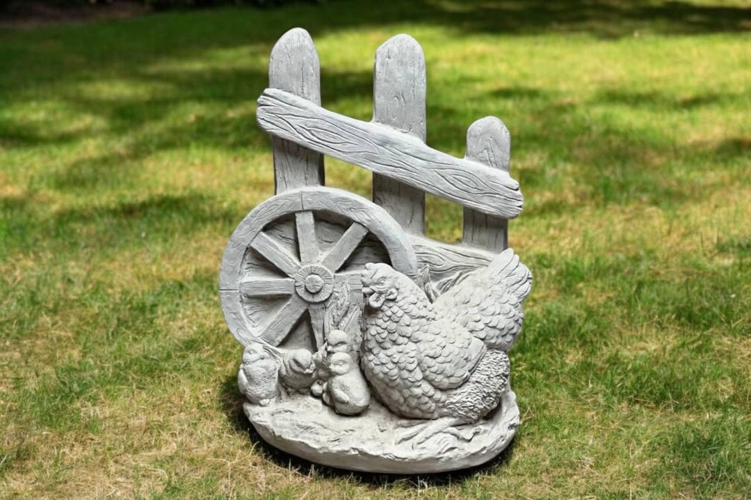 Chickens Statue, Wheel and Fence, Garden Statue, Farm Decor, Birds ...