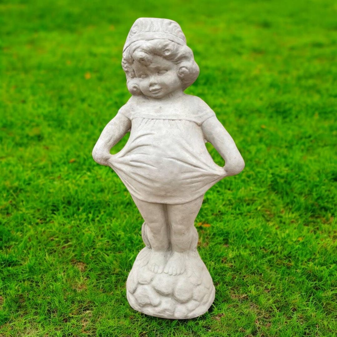 Bashful Girl, Stone Statue, Cement Child, Yard Figure, Girl on Base ...