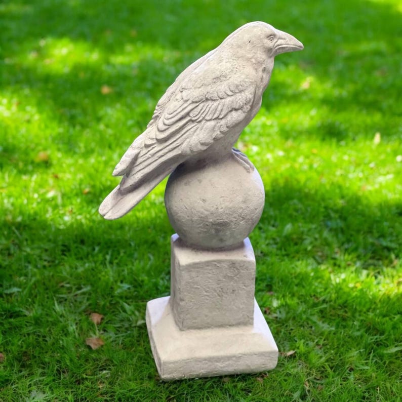 Raven Sculpture, Cement Bird, Crow on Finial Post, Garden Raven, Crow ...