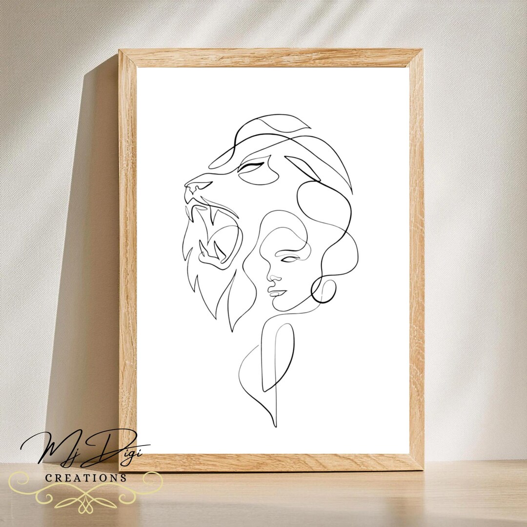 Lion and Woman Line Art | Feminine Strength Digital Print | Minimalist ...