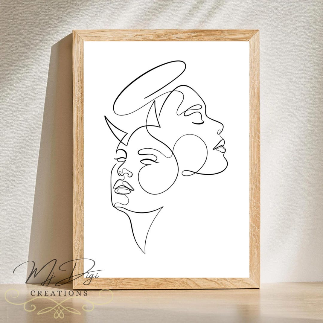 Angel and Devil Line Art Print | Minimalist One Line Drawing | Abstract ...