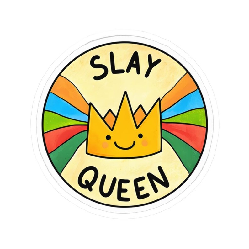 Slay Queen Sticker, Cheerful Crown & Rainbow Design, Retro Vinyl Decal ...